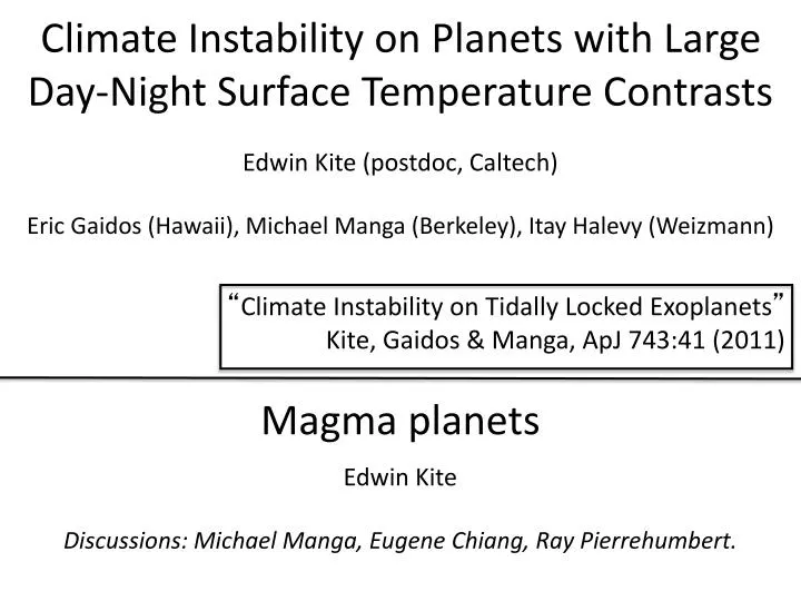 PPT - Climate Instability on Planets with Large Day-Night Surface ...