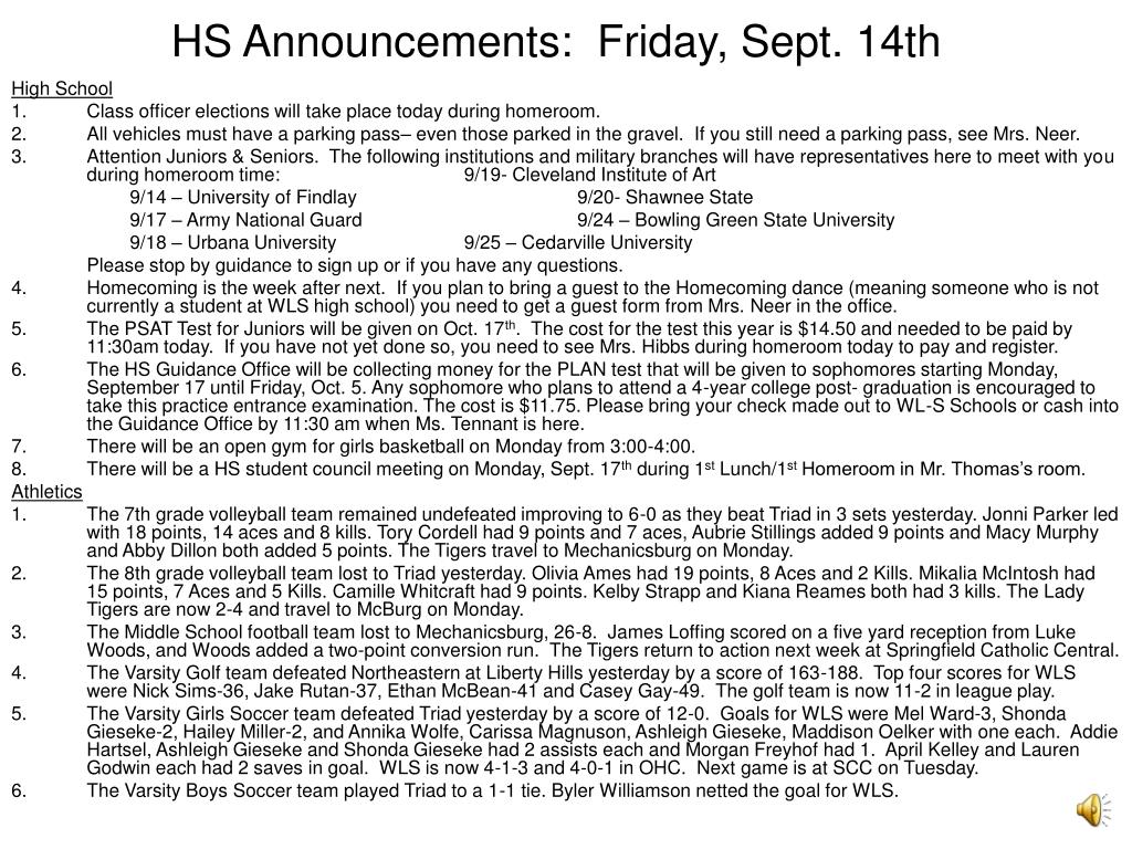 PPT - HS Announcements: Friday, Sept. 14th PowerPoint Presentation ... PPT - HS Announcements: Friday, Sept. 14th PowerPoint Presentation ...