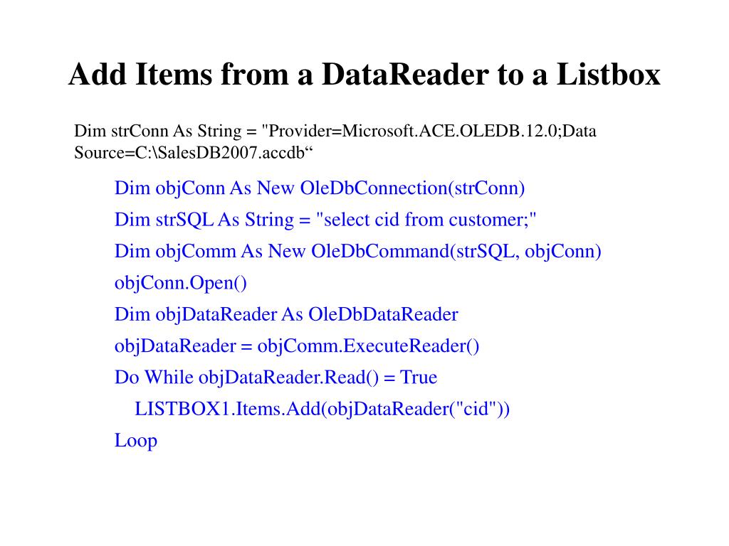 Ppt Coding Adonet Objects Connection Command Datareader Powerpoint Presentation Id1148828 1656