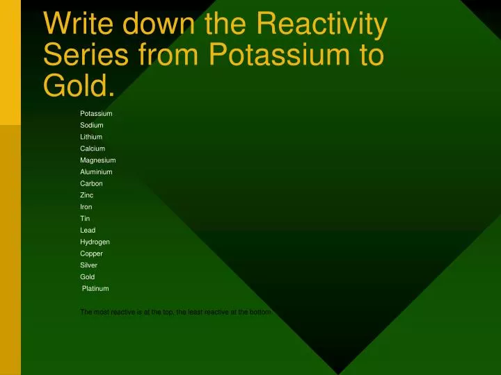 PPT - Write down the Reactivity Series from Potassium to Gold ...