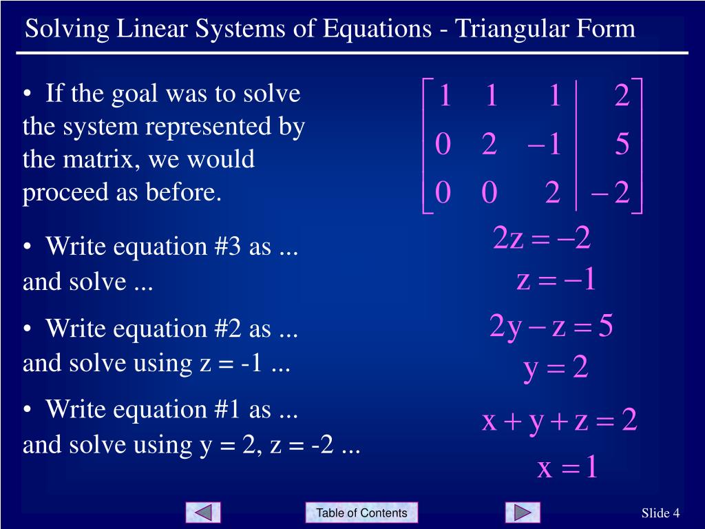 Ppt Solving Linear Systems Of Equations Triangular Form Powerpoint