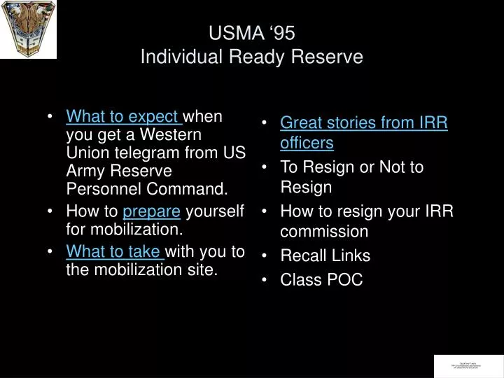PPT - USMA ‘95 Individual Ready Reserve PowerPoint Presentation, free ...