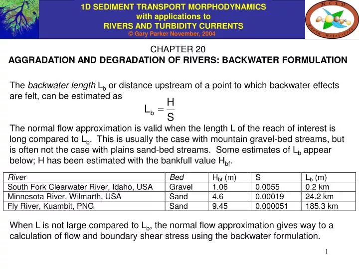 PPT - CHAPTER 20 AGGRADATION AND DEGRADATION OF RIVERS: BACKWATER ...