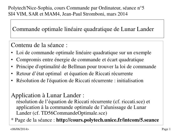 PPT - Commande optimale linéaire quadratique de Lunar Lander PowerPoint ...