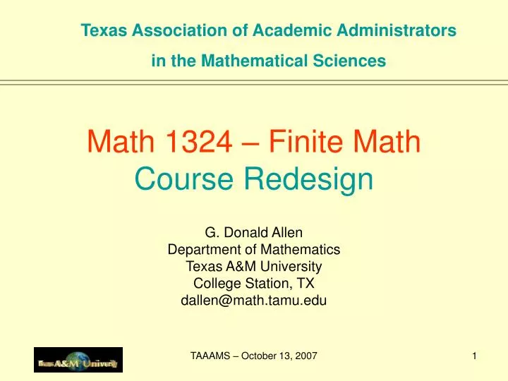 PPT - Math 1324 – Finite Math Course Redesign PowerPoint Presentation ...