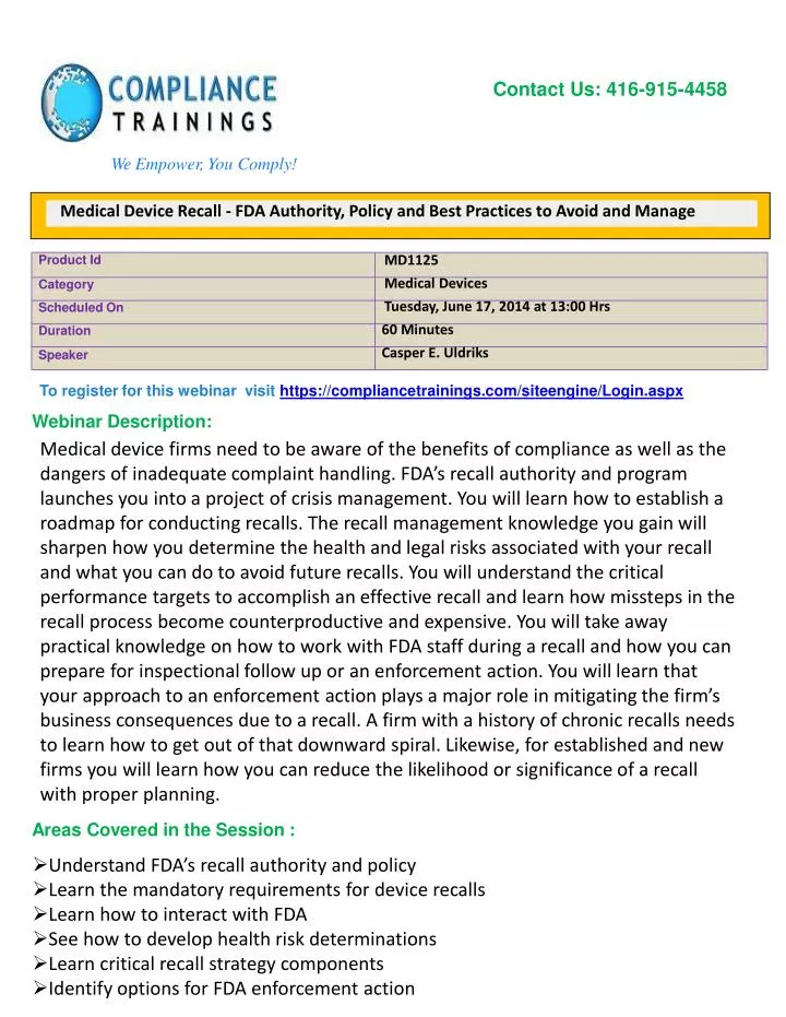 PPT - Webinar On Medical Device Recall - FDA Authority, Policy ...