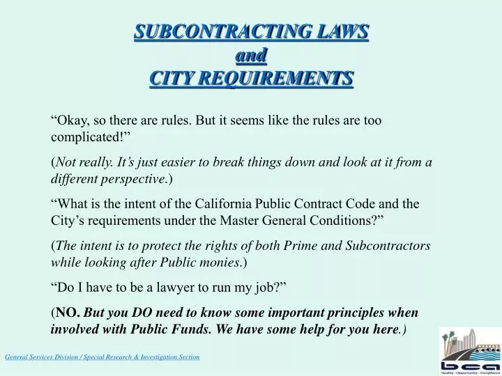 PPT - SUBCONTRACTING LAWS and CITY REQUIREMENTS PowerPoint Presentation ...