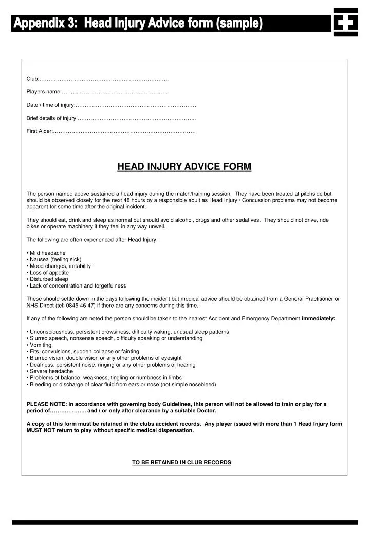 PPT - Appendix 3: Head Injury Advice form (sample) PowerPoint ...