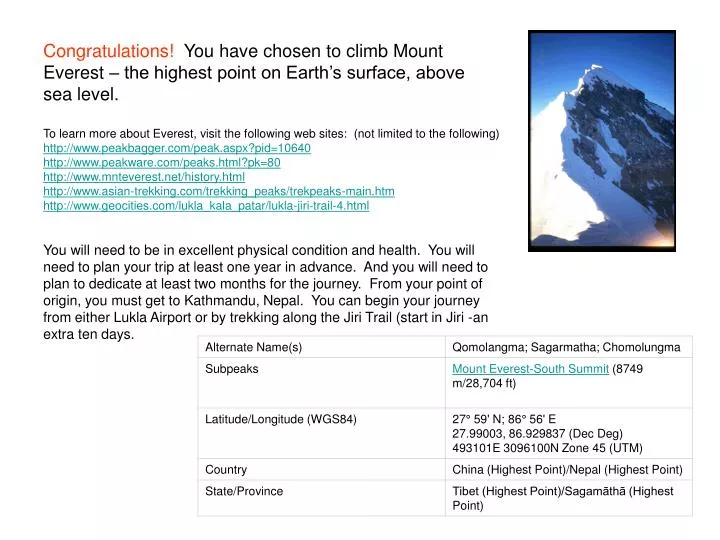 PPT - Congratulations! You have chosen to climb Mount Everest – the ...