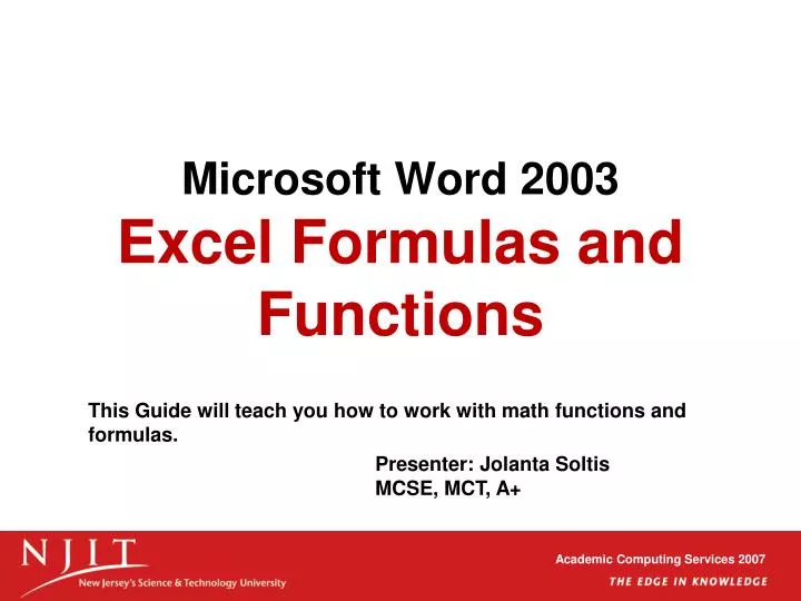 PPT - Microsoft Word 2003 Excel Formulas and Functions PowerPoint ...