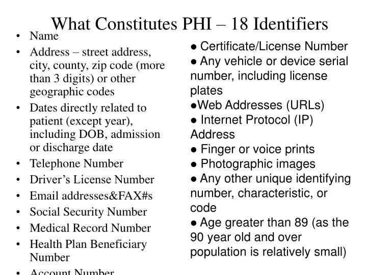 PPT - What Constitutes PHI – 18 Identifiers PowerPoint Presentation ...
