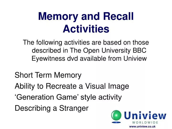 PPT - Memory and Recall Activities PowerPoint Presentation, free ...