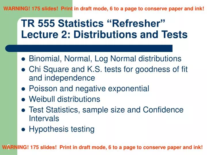 PPT - TR 555 Statistics “Refresher” Lecture 2: Distributions and Tests ...