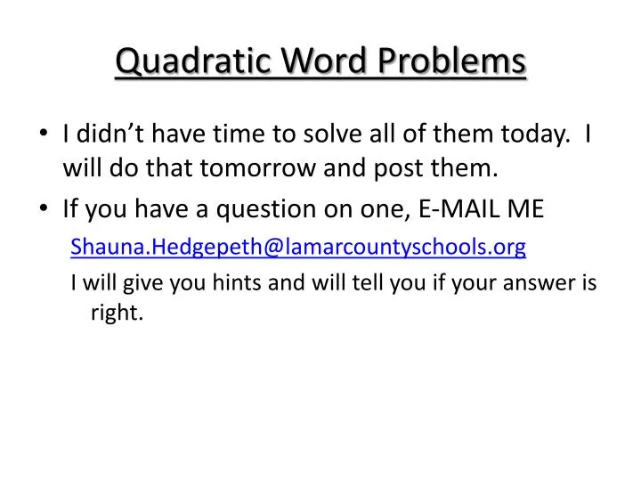 PPT - Quadratic Word Problems PowerPoint Presentation, free download ...