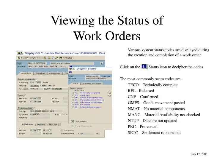 PPT - Viewing the Status of Work Orders PowerPoint Presentation, free ...