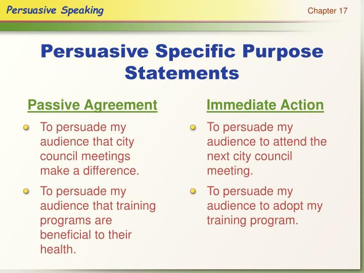 PPT - Persuasive speech: a speech whose message attempts to change or ...