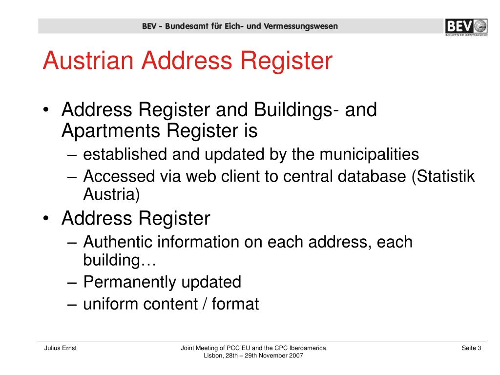 PPT - The Austrian Address Register- the BEV - Web Service for ...