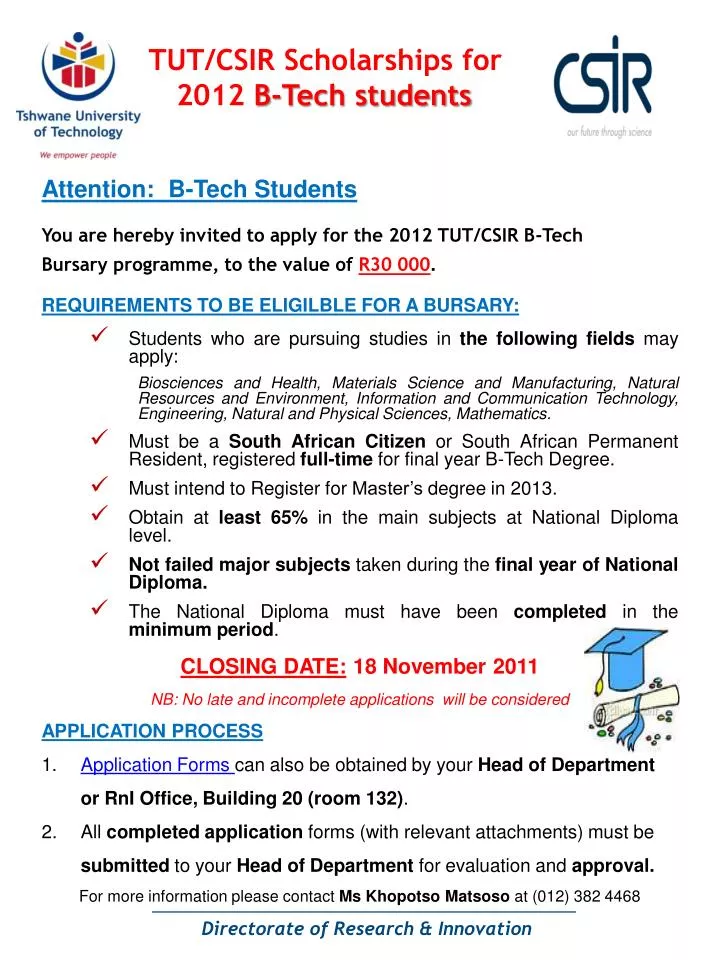 PPT - TUT/CSIR Scholarships for 2012 B-Tech students PowerPoint ...