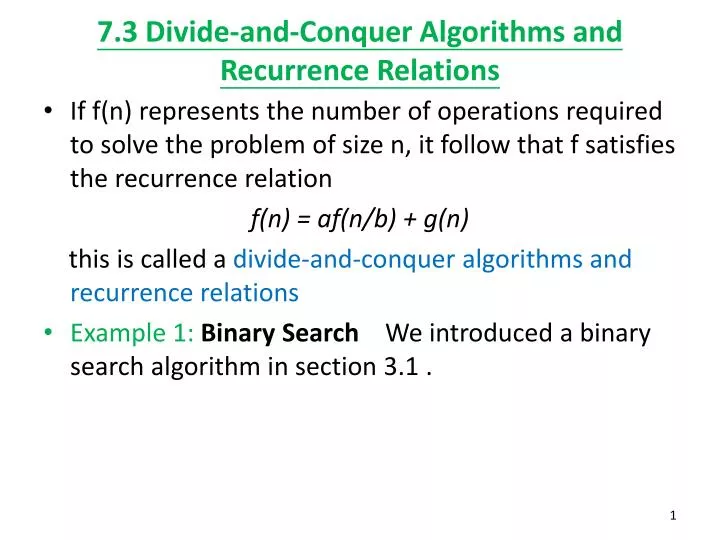 PPT - 7.3 Divide-and-Conquer Algorithms and Recurrence Relations ...