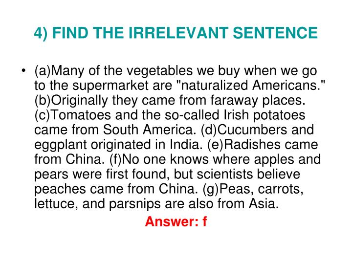PPT - 1) FIND THE IRRELEVANT SENTENCE PowerPoint Presentation - ID:662698