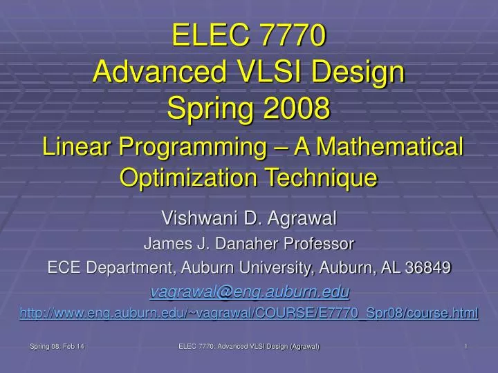 Ppt Elec 7770 Advanced Vlsi Design Spring 2008 Linear Programming A Mathematical